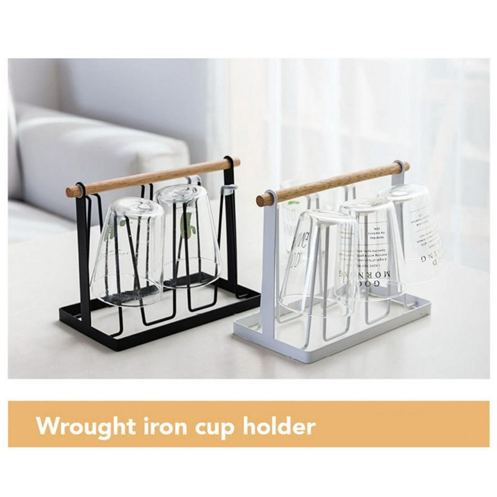 Wooden Handle Wrought Iron Cup Holder Drain Cup Shelf Cup Rack Coffee ...