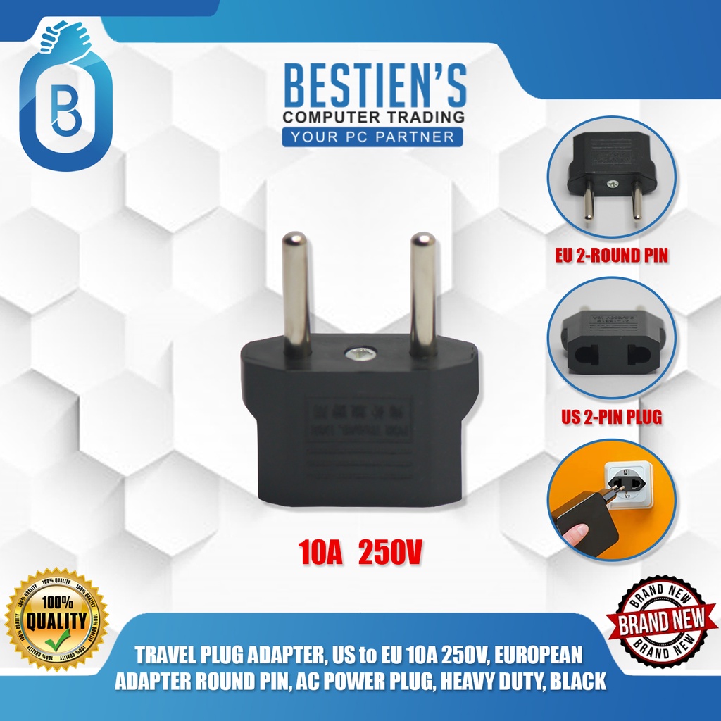 TRAVEL PLUG ADAPTER, US to EU 10A 250V, EUROPEAN ADAPTER ROUND PIN, AC ...