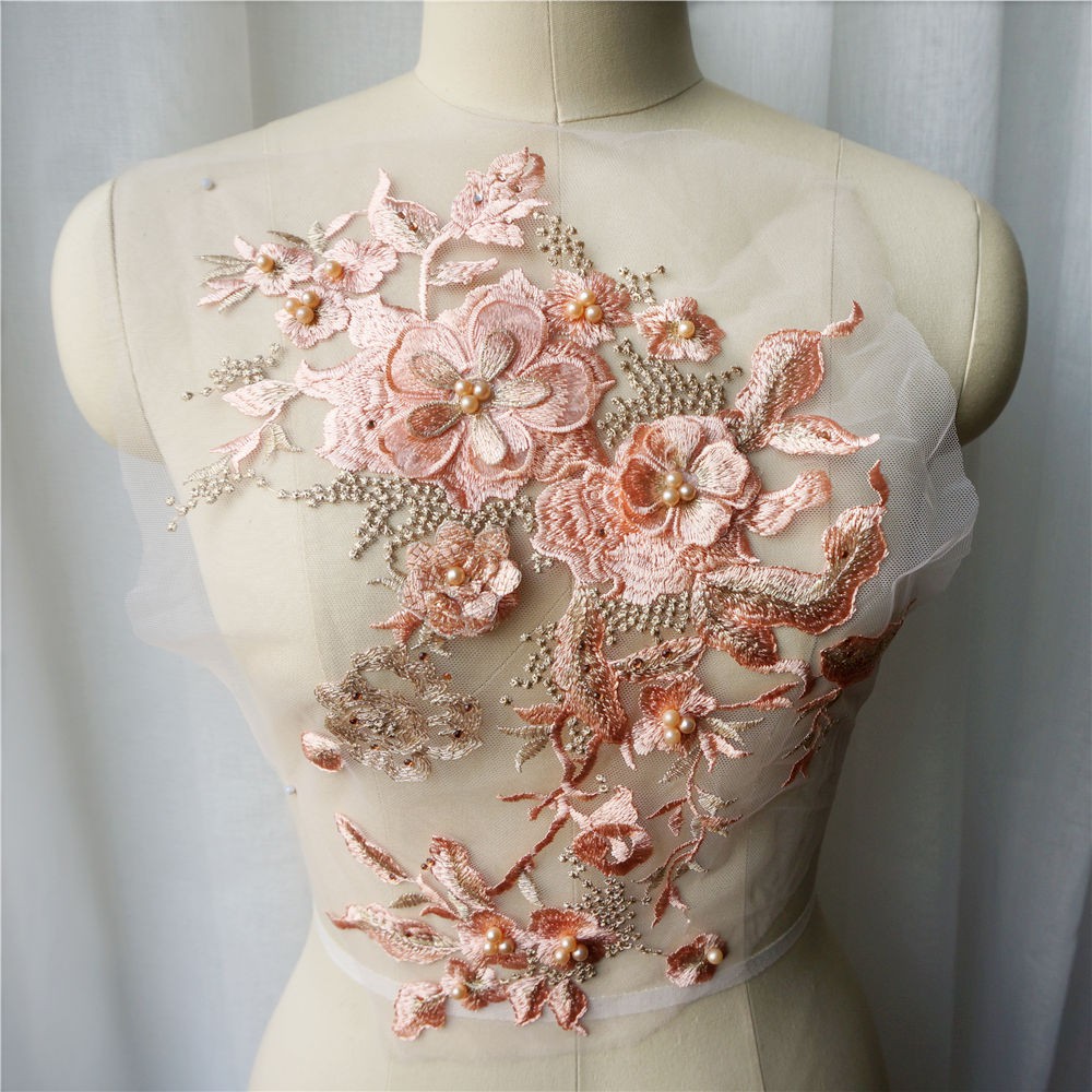Champagne pink Embroidery Lace Applique Sewing Beads Flower Collar ...