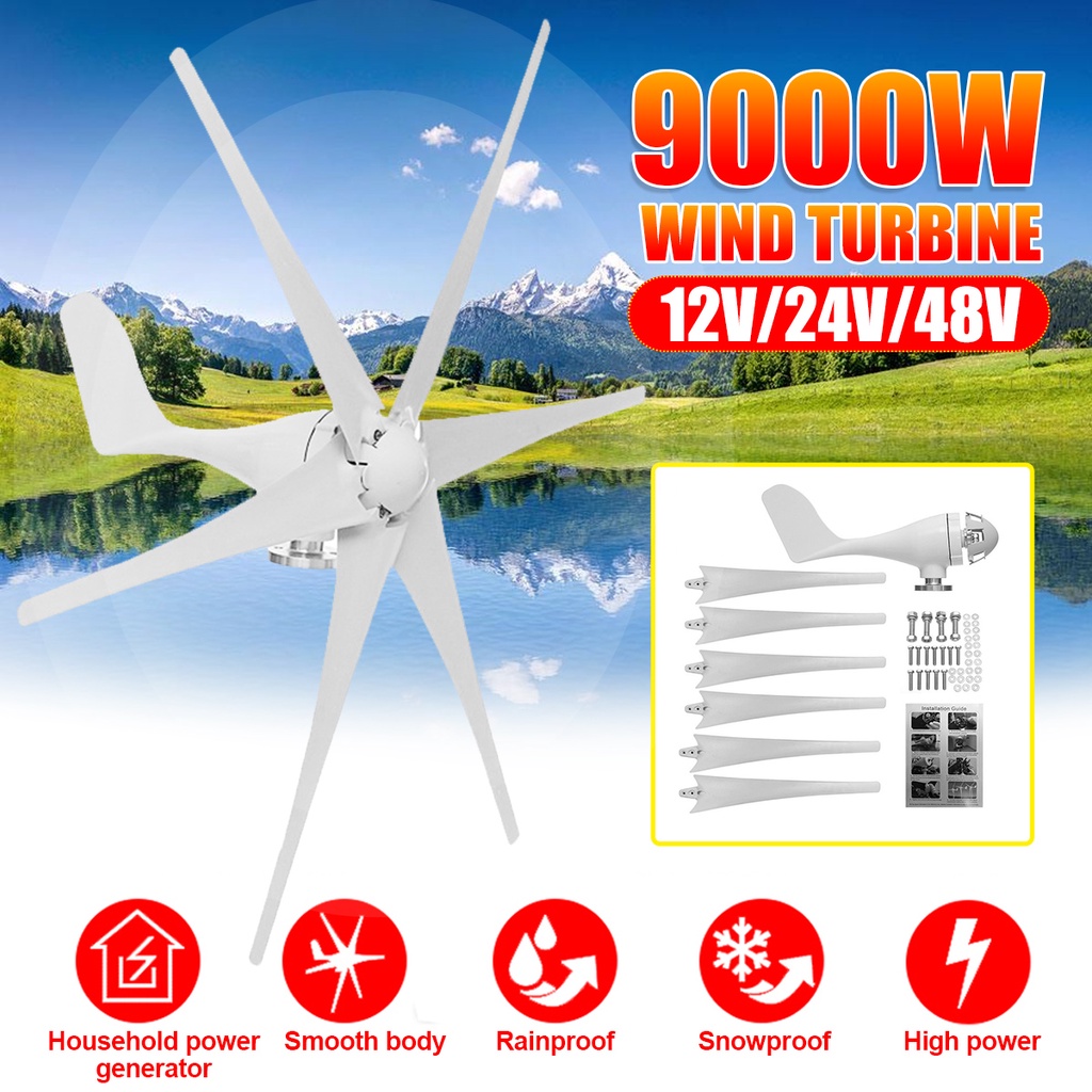9000W 12V 24V 48V 6 Blades Wind Turbine Generator Windmill Powerful ...