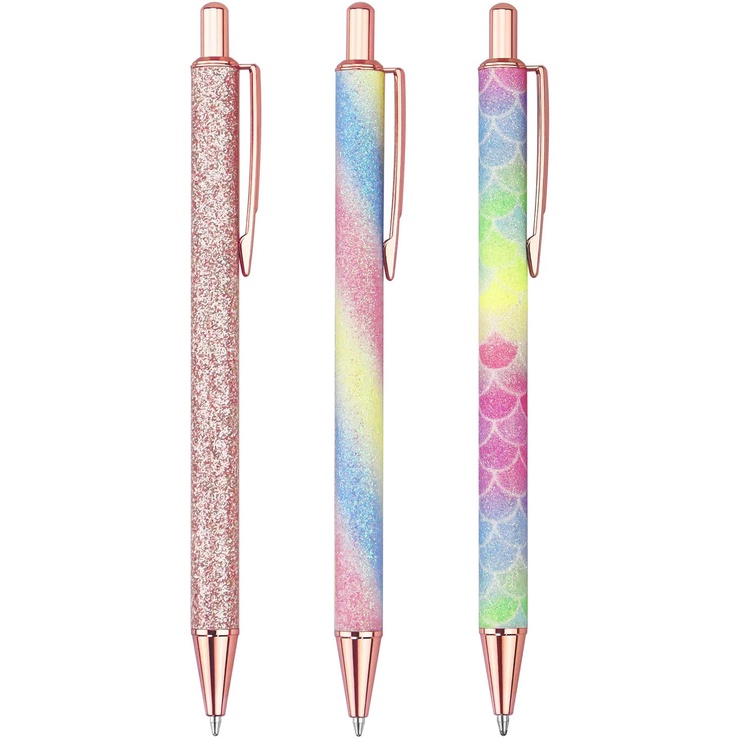 3 PCS Ballpoint Pens, Glitter Rose Gold Click Ball Pens, Metal ...