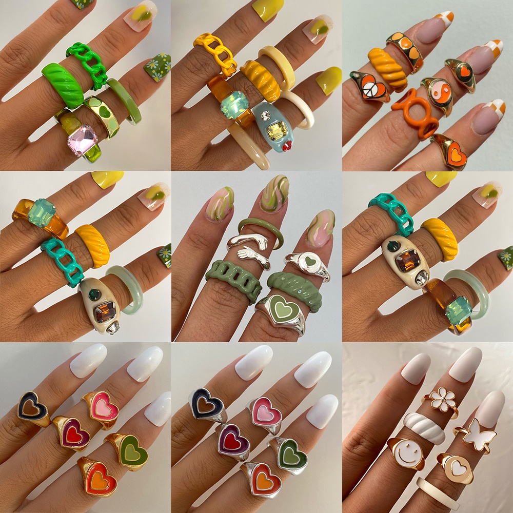 Y2K Colorful Ring Set for Women Glossy Dripping Love Heart Rings Peach ...