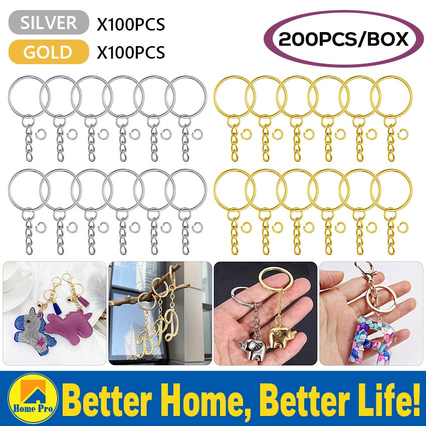 200PCS DIY Key Ring Kit Silver Plated Metal Blank Keyring Keychain ...