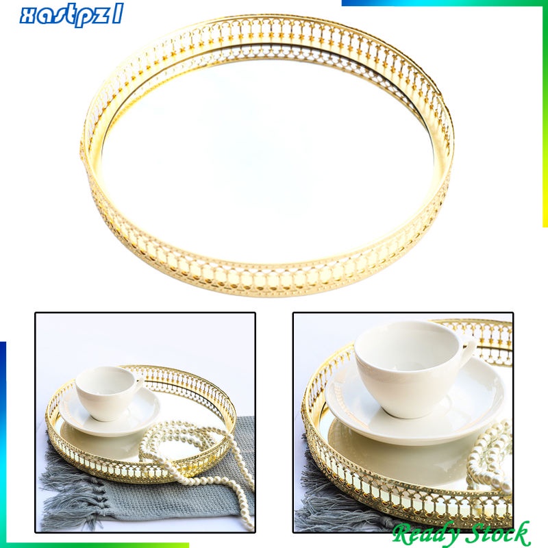 [ Gold Metal Round Mirror Tray Dressing Table Makeup Decorative Vanity ...