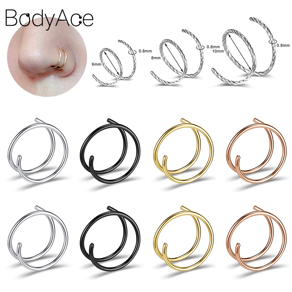 Bodyace 1 Pc 20G Twisted Nose Ring Stainless Steel Double Hoop Septum ...