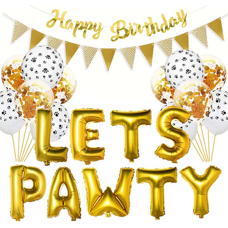 Dog let's pawty ballons pet happy birthday banner 12'' dog paw print ...