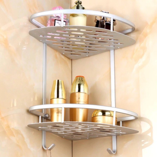 2 Layer Bathroom Storage Organizer Holder Shelf With Hooks-Triangle ...