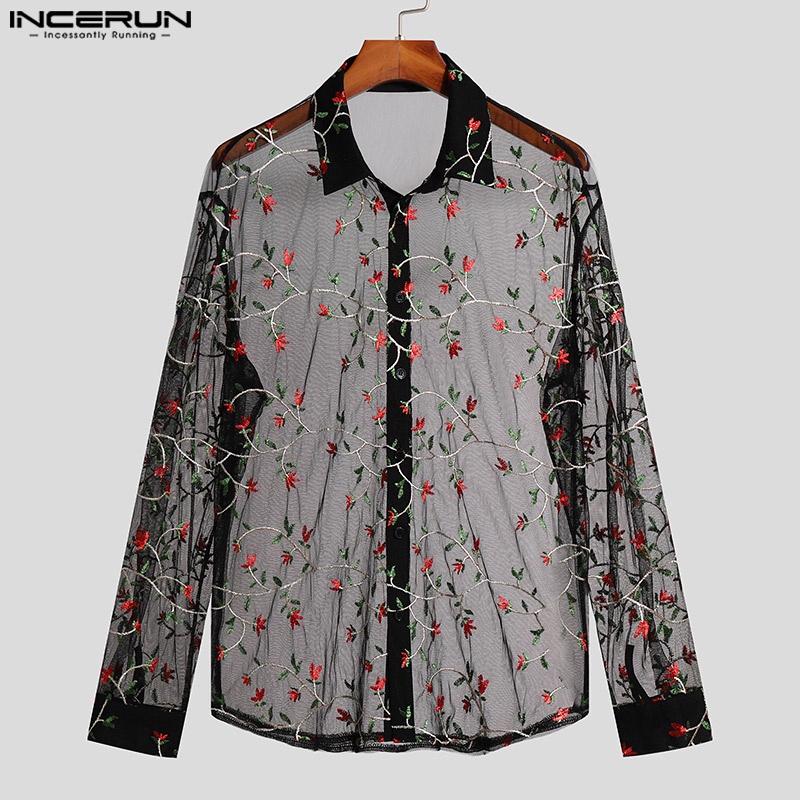 INCERUN Mens Long Sleeve See Through Emboidery Floral Mesh Beach Party ...