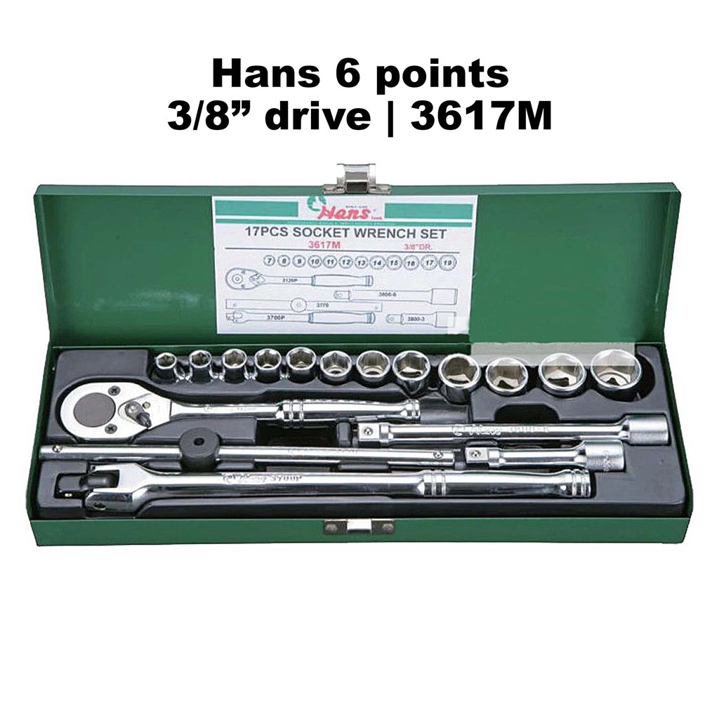 Hans 3617M | 3/8” Drive 17pcs Manual Socket Tool Set | 6-Point Sockets ...