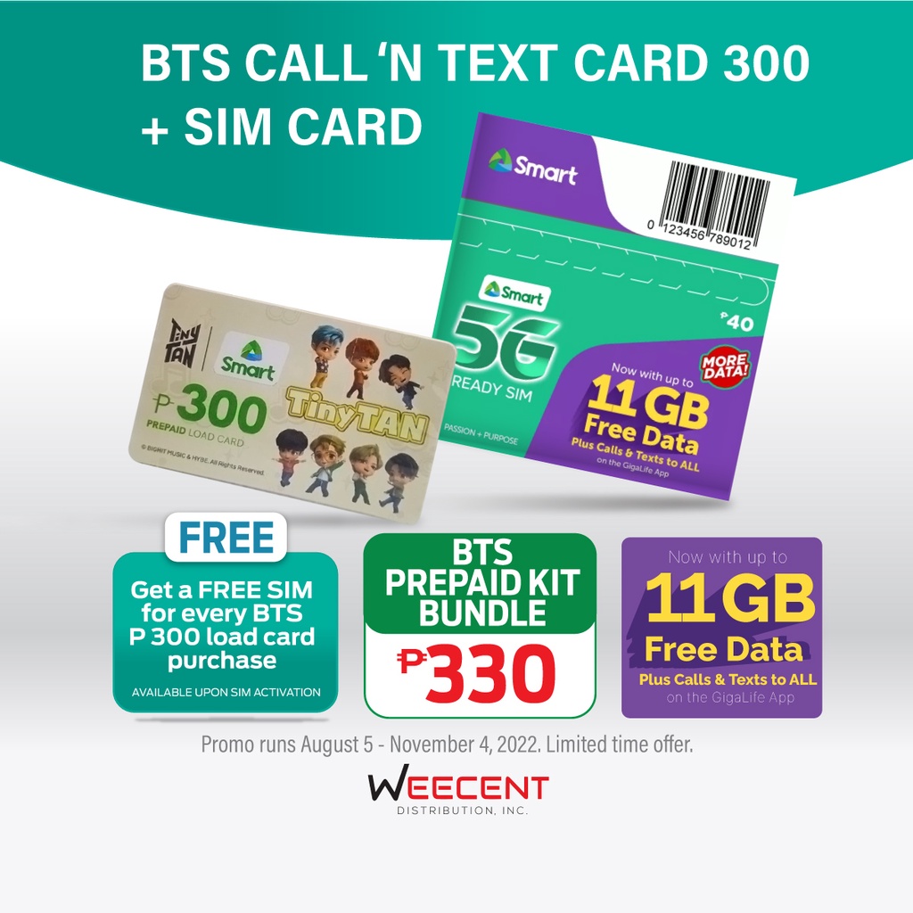 Smart BTS Call 'N Text Card 300 + Smart Sim Card Bundle Promo | Shopee ...