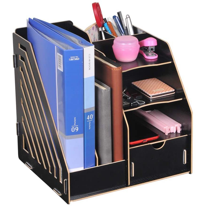 Wooden Desktop File Organizer for Office Dormitory with 3 Tier Shelf ...