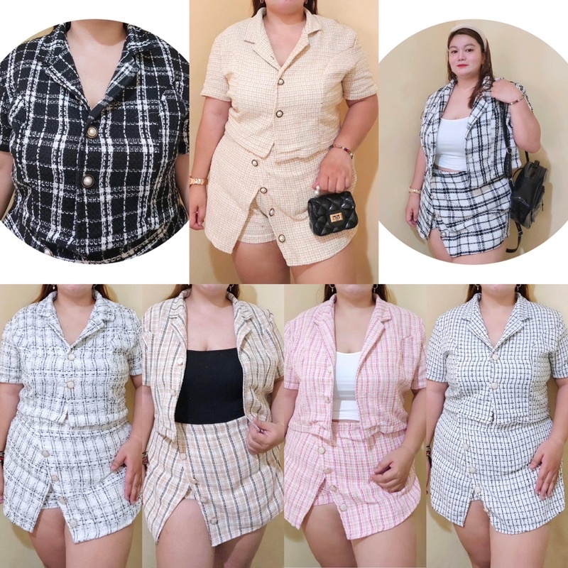 Plus Size Tweed Cardigan Top and Skorts with Buttons Set (Inner not ...