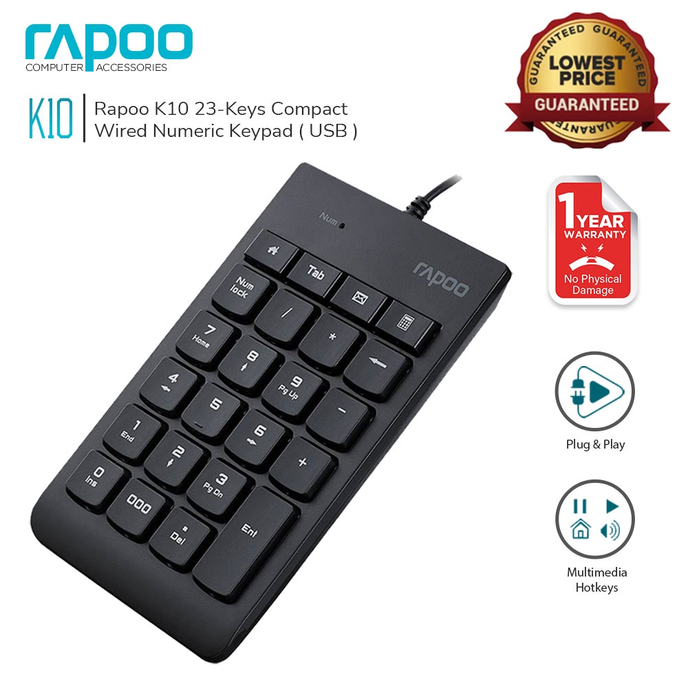 Rapoo K10 Mini Numeric Keyboard Wired 23 Keys Number Keypad Laser ...