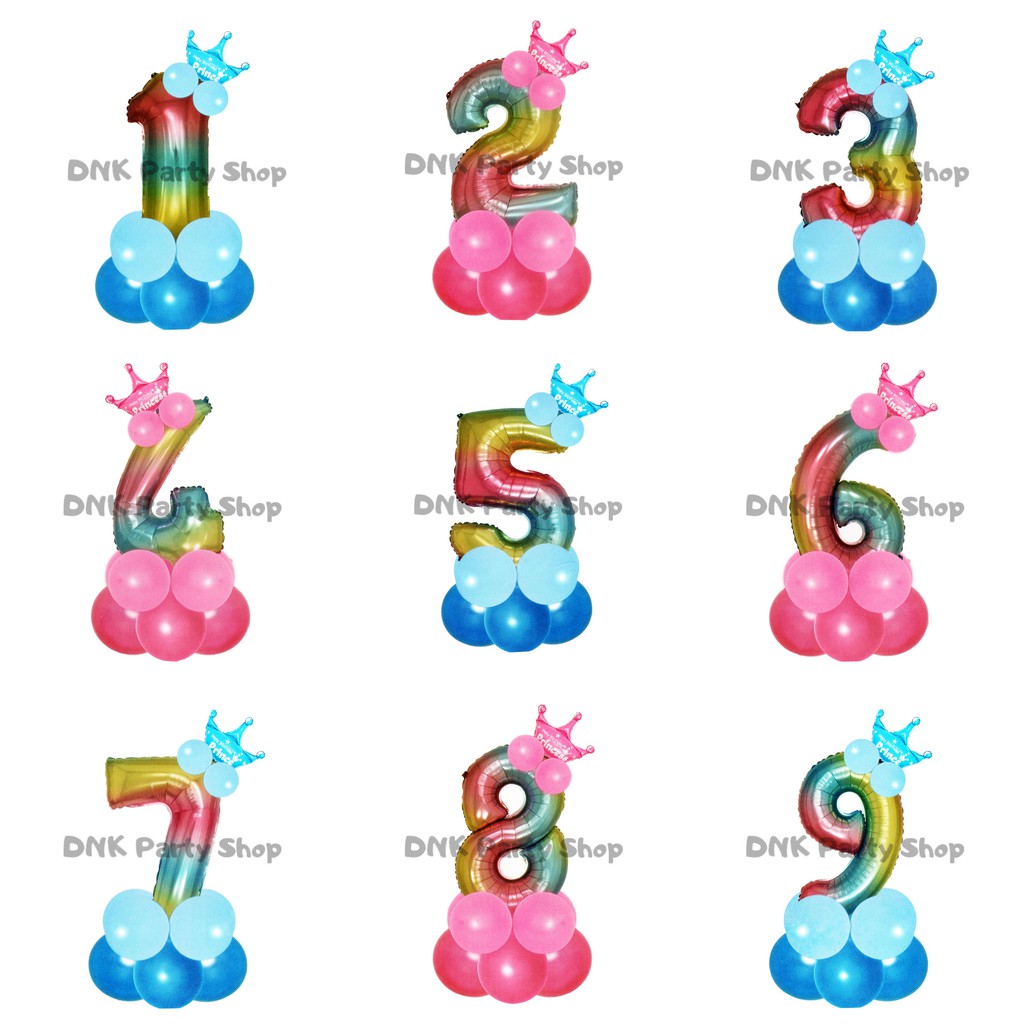 32 inch Rainbow Number Set Foil Rubber Balloon Mylar Blue Pink Happy ...