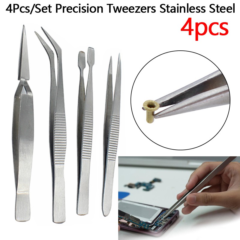 4Pcs/Set Precision Tweezers Stainless Steel Thick Electronics Forceps ...