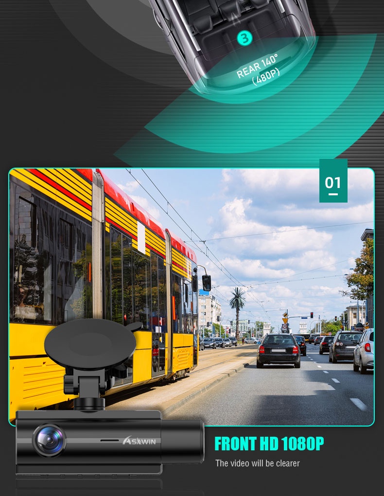Asawin T3 3 Channels Dash Cam 3 Ways Car Camera Front And Rear Inside 3 ...