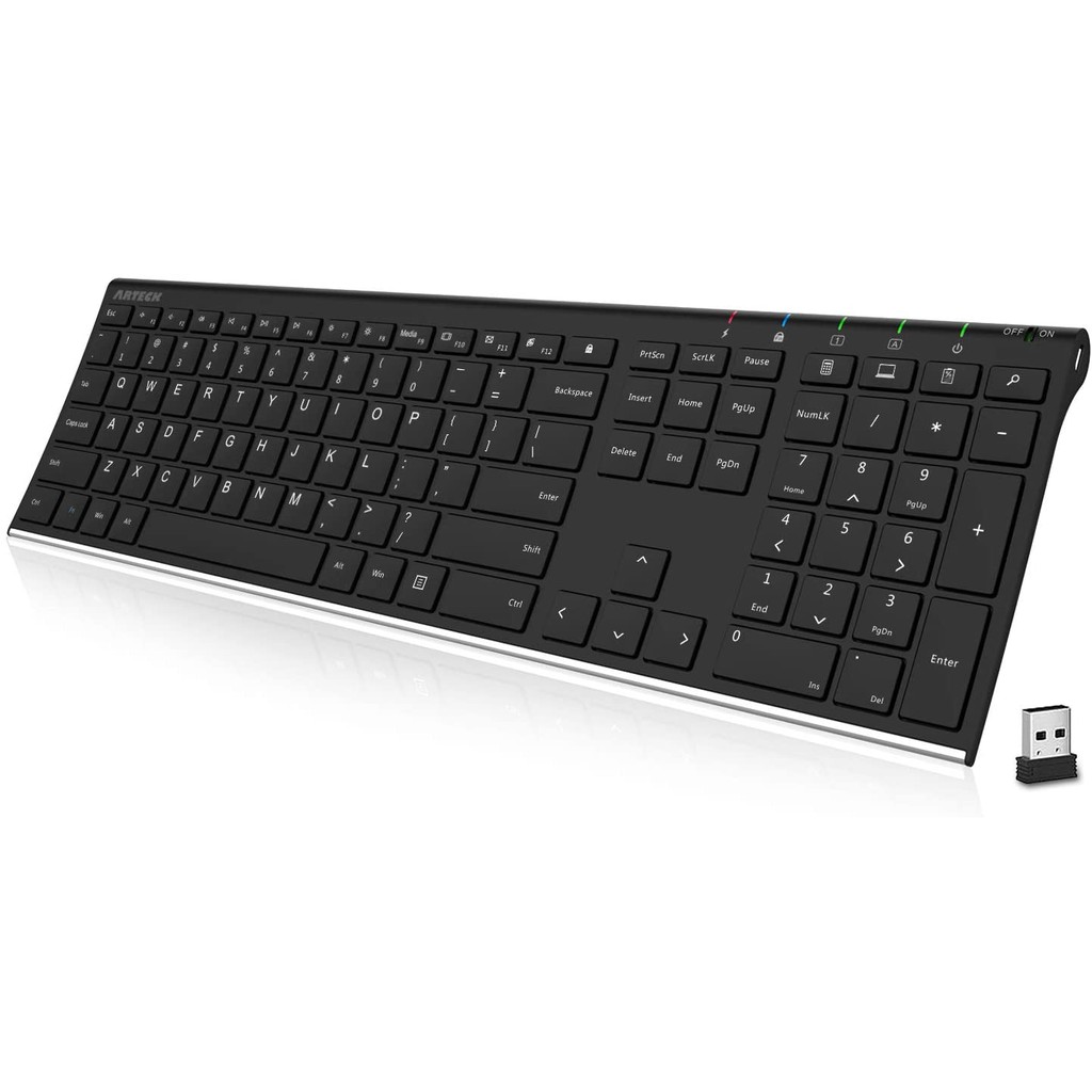 Arteck 2.4G Wireless Keyboard Stainless Steel Ultra Slim Full Size ...