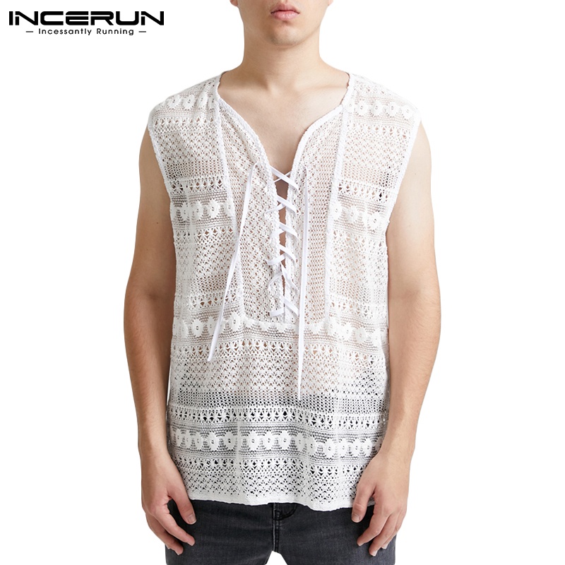 INCERUN Men White Cotton Breathable See Through Lace Up Sleeveless V ...