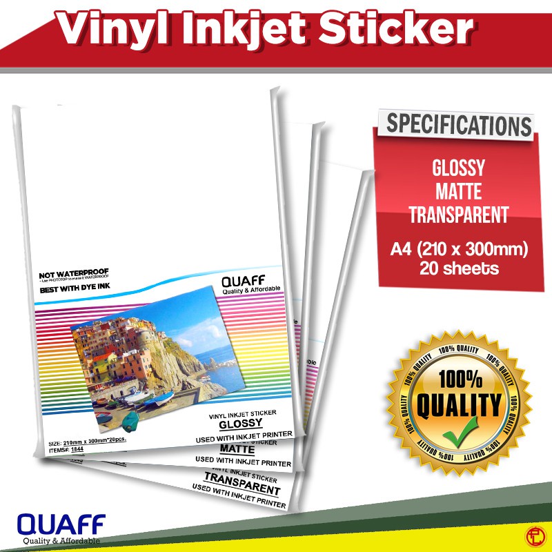 20 sheets/pack QUAFF Vinyl Inkjet Sticker A4 Size ( Glossy / Matte ...