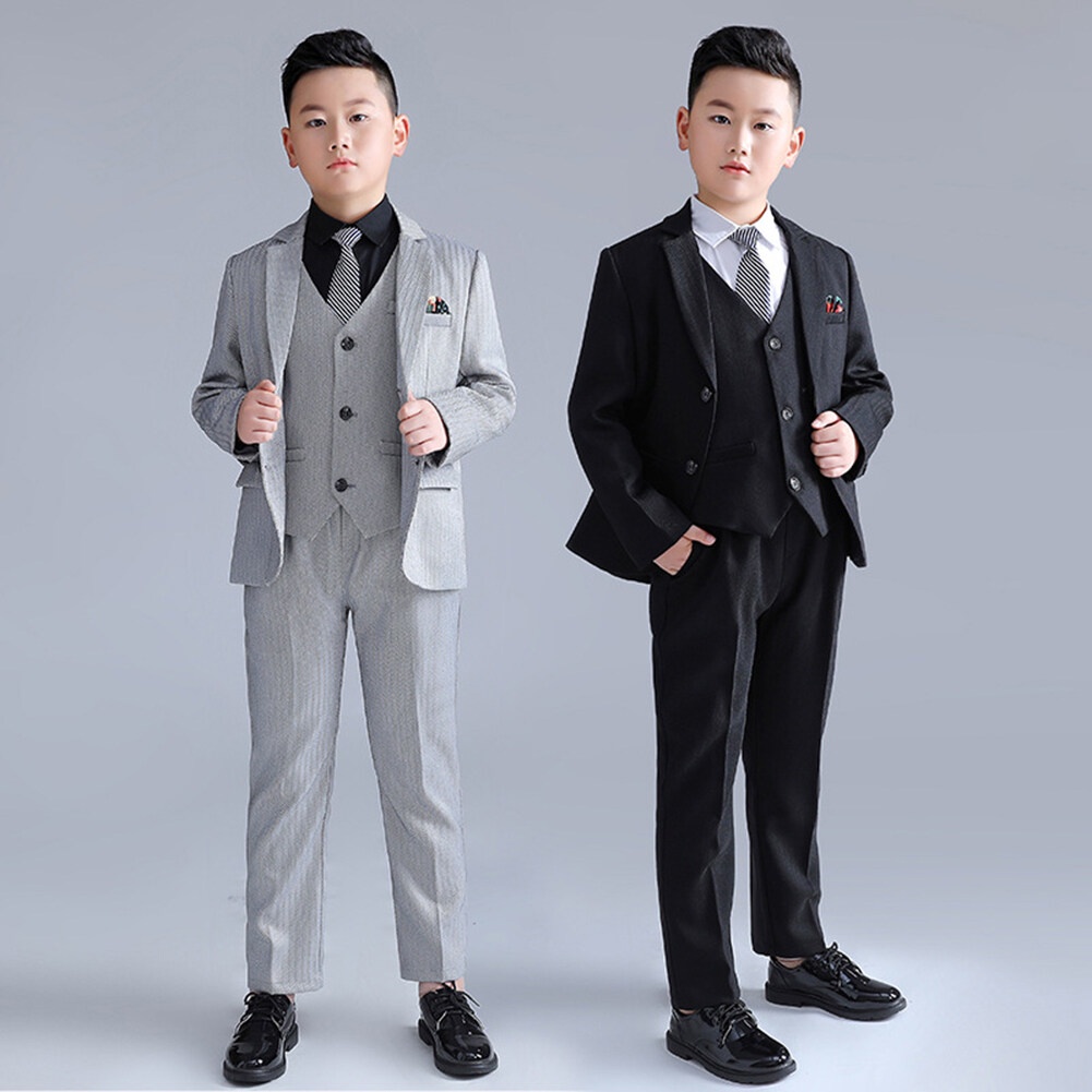 5Pcs Kids Boys Plus Size Suit Jacket Pants Vest Shirt Tie Black Grey ...