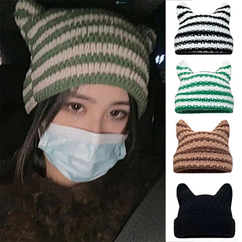 Cute Devil Knitting Striped Beanie Hat 2022 Autumn Winter Knitted Wool ...