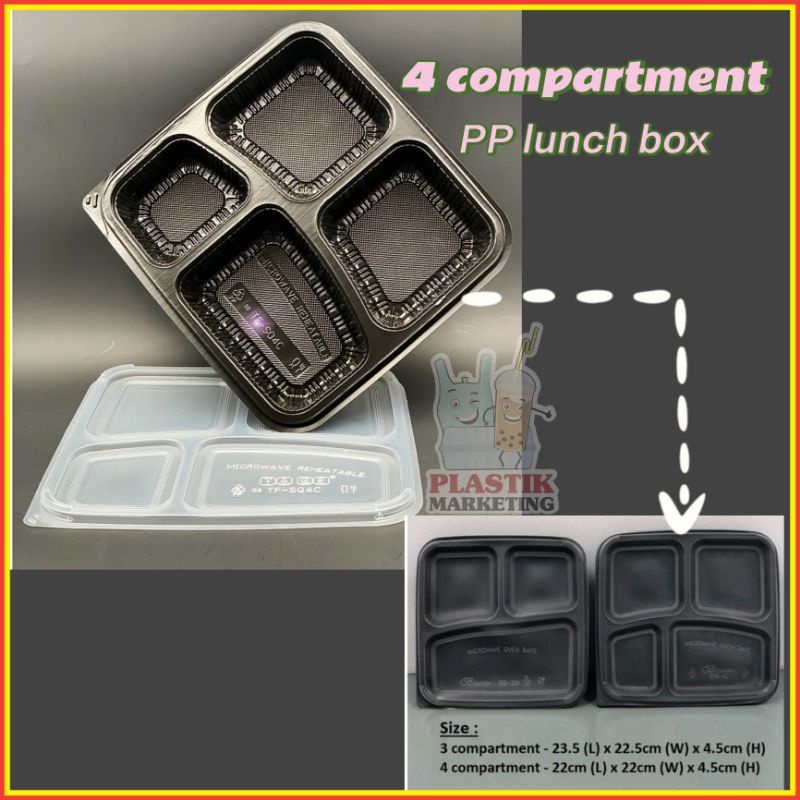 Benxon 3 / 4 Compartment Black Container With Lid ( 50sets ) Plastic PP ...