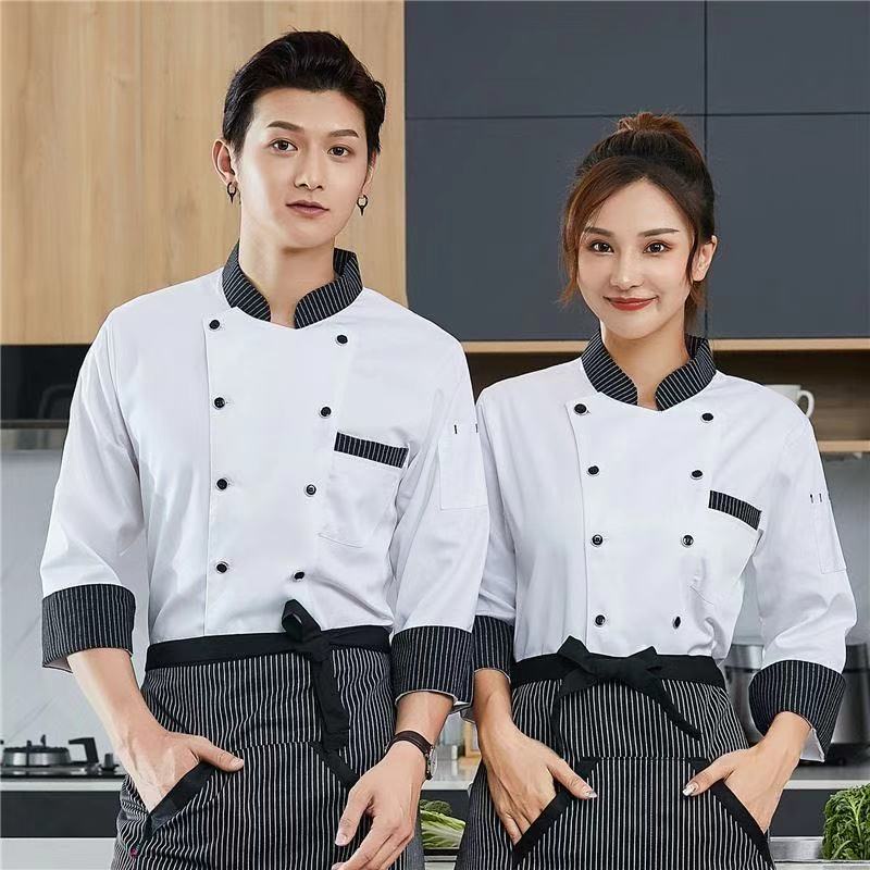Unisex Chef Jacket Kitchen Cooking Clothes Food Service Costume Long ...