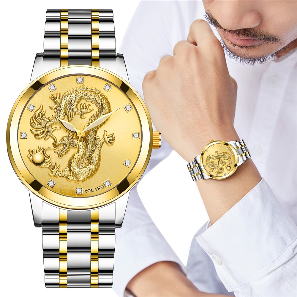 Men's Alloy Steel Band Watch Chinese Wind Dragon Gold Color Embossed ...