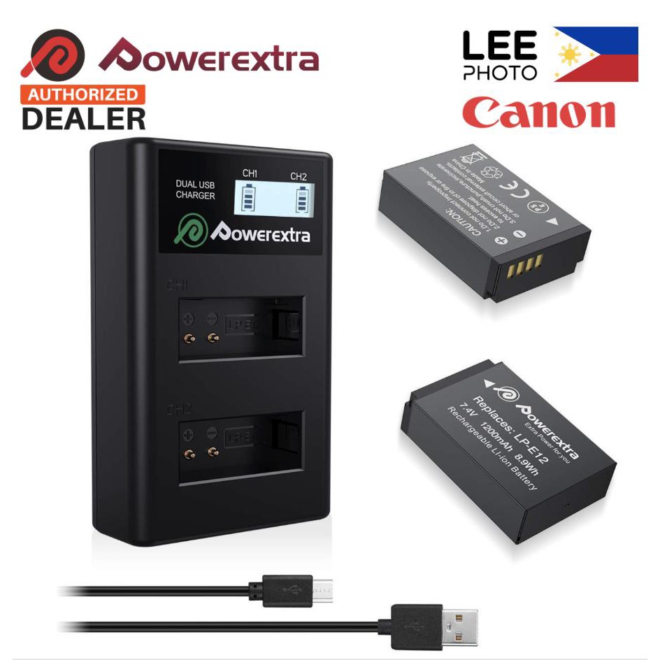 Powerextra LPE12 2-Pack Replacment Canon LP-E12 Battery and Smart LCD Display Dual USB Charger ...