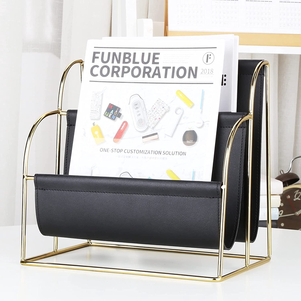 Plated Metal Wire and Premium Faux Leather Magazine Holder Rack, 2-Slot ...