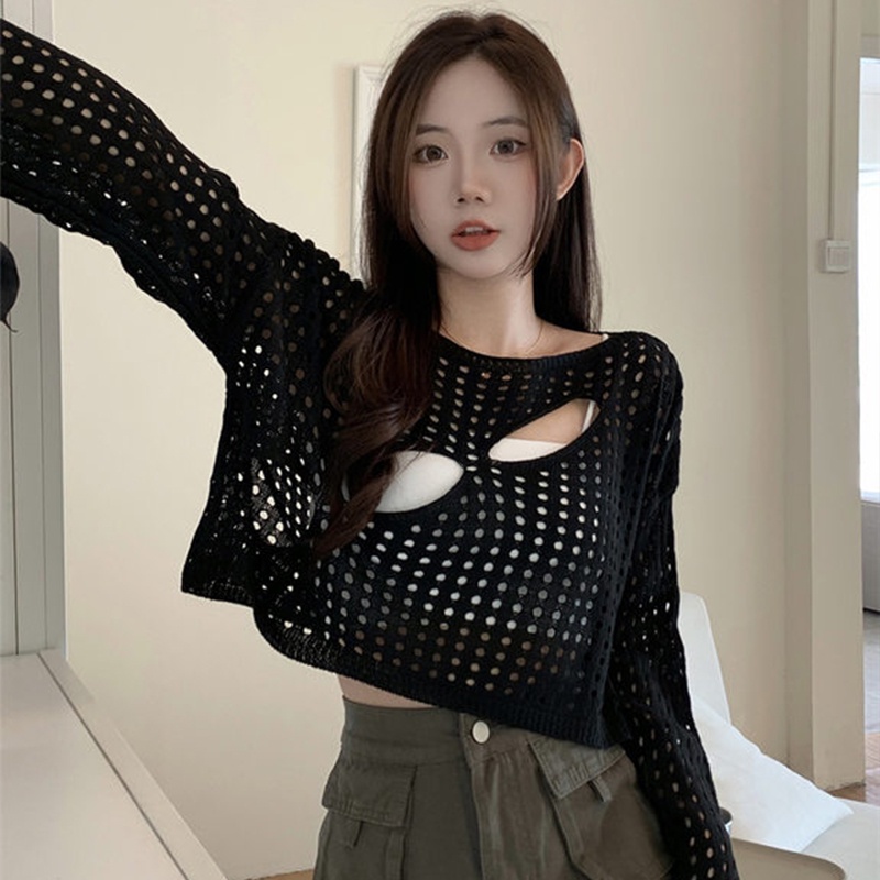 Hollow Tops for Women Summer Suspender Outer Blouse Loose Long-sleeved ...