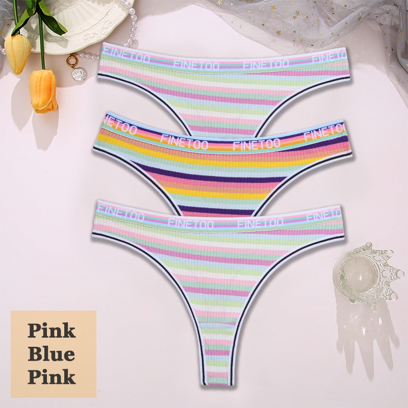 Finetoo 3 Pcs/Set Colorful Striped Cotton Women G-String Underwear ...