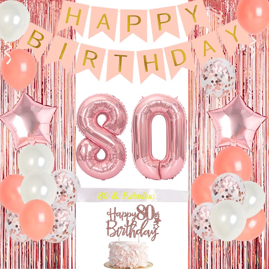 CHEEREVEAL 80th Birthday Party Decoration for Women Rose Gold 80 Years ...