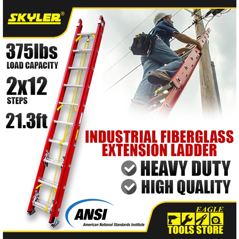 Heavy Duty Industrial Fiberglass Extension Ladder 2x12 Steps 375 lbs ...