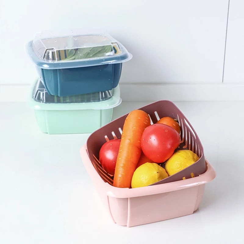 3 In 1 Double Layer Drain Basket Box with Lid Multifunction ...