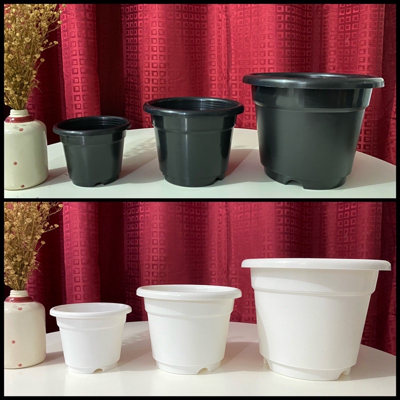 Minimalist/ PLAIN Plastic Pots (Black, White) with catch plates ...
