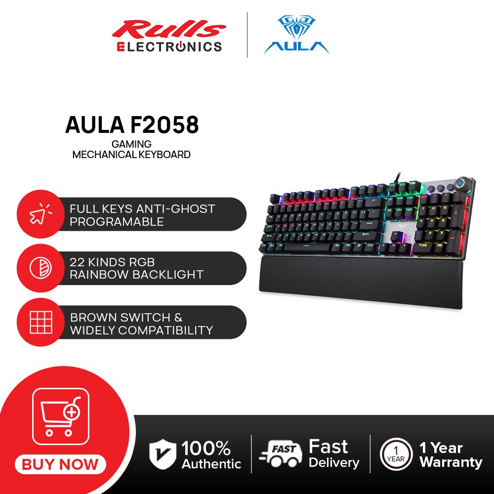 AULA F2058 True Mechanical Keyboard with Wrist Rest Multi-Function Knob ...
