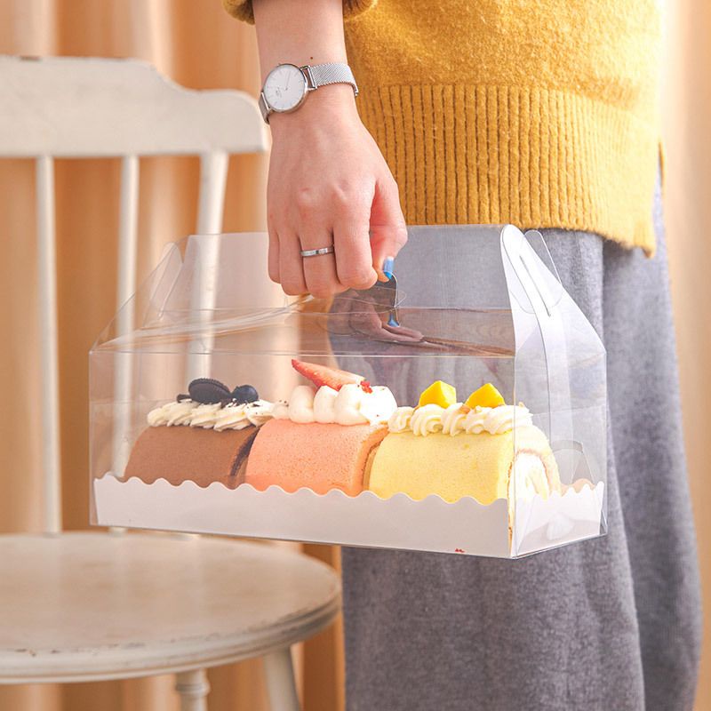 RORA - Transparent Swiss Roll Long Cake Box with Handle Plastic Cake ...