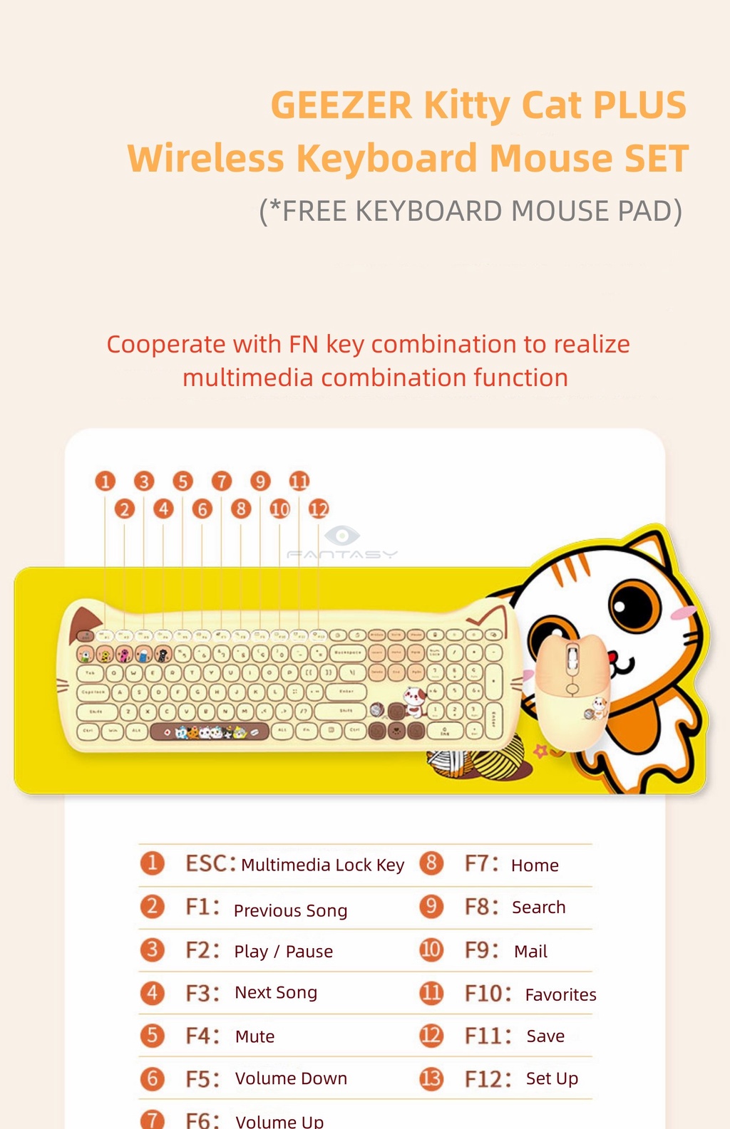 MOFii GEEZER Kitty Cat PLUS Super Cute Wireless Keyboard and Mouse Set ...