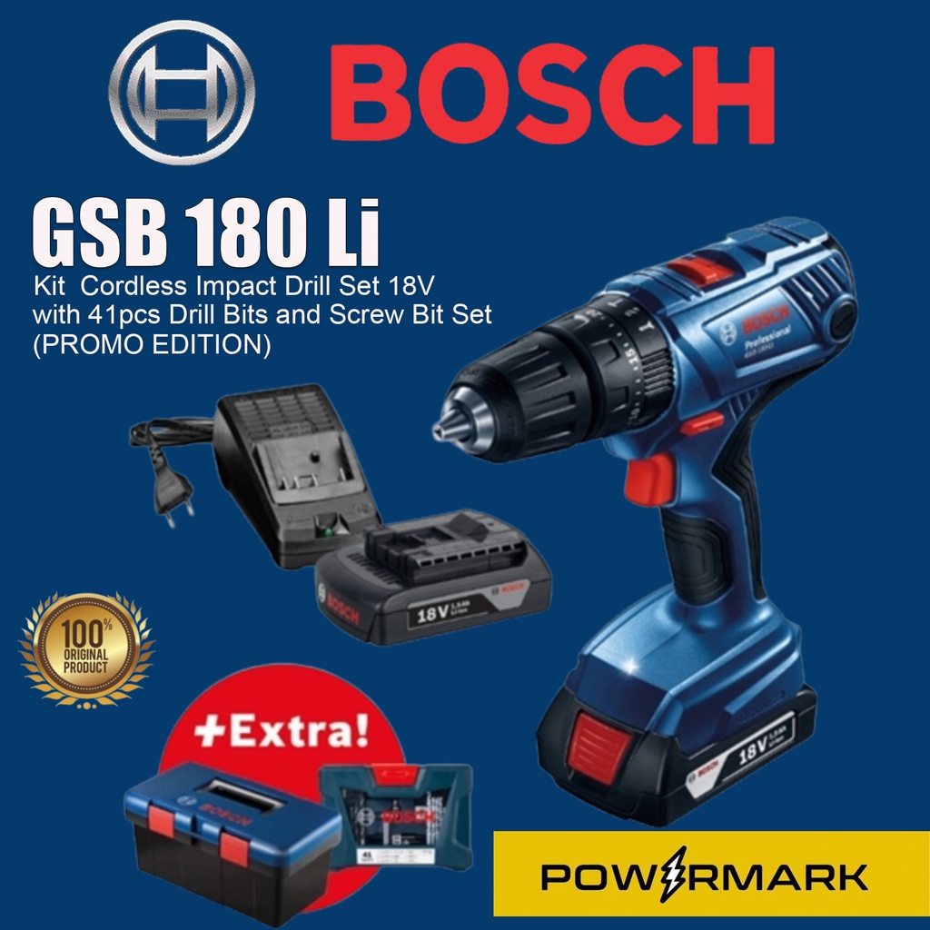 BOSCH GSB 180 Li Kit Cordless Impact Drill Set 18V with 41pcs Drill ...