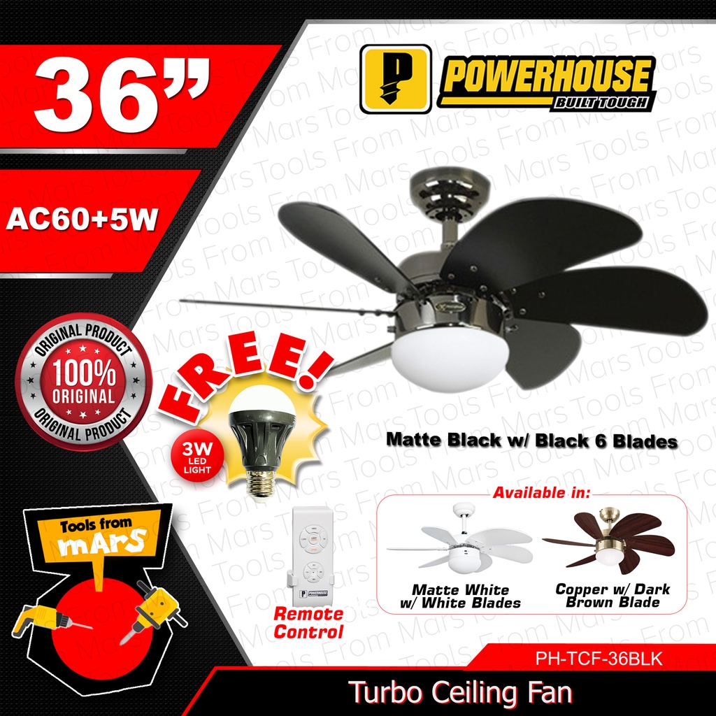 POWERHOUSE Turbo Ceiling Fan AC Motor 36in With Led Bulb & Remote ...