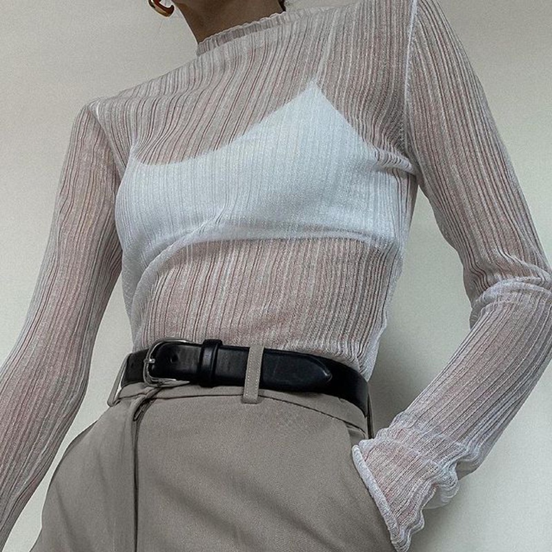 DOZW Fall Elegant See Through Long Sleeve Mock Neck Women Tops ...