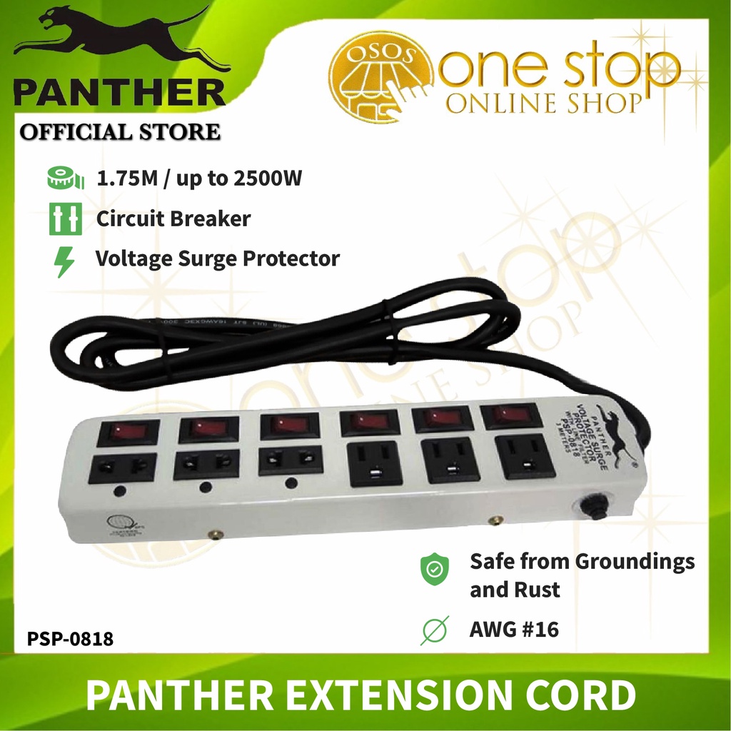 Panther Original Extension Cord with Surge Protector 6 Outlets w ...