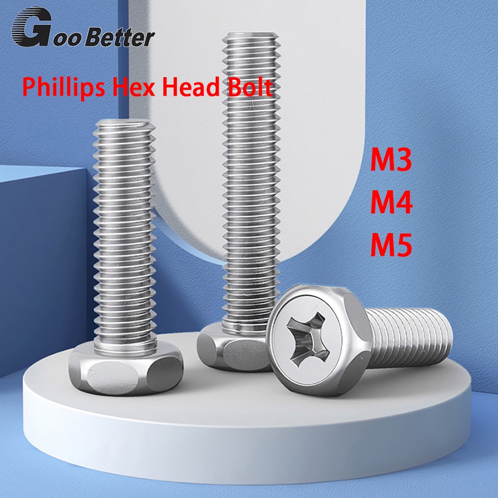 M3 M4 M5 Phillips Hex Head Bolts Non-flange-A2(304) Stainless Steel External Hexagon Bolt ...