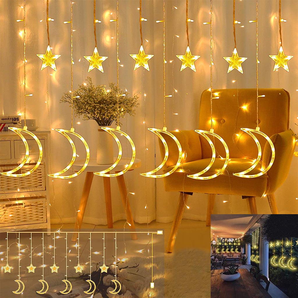 138 LED Christmas Lights String 6 Big Moons 6 Small Stars Home Decor ...