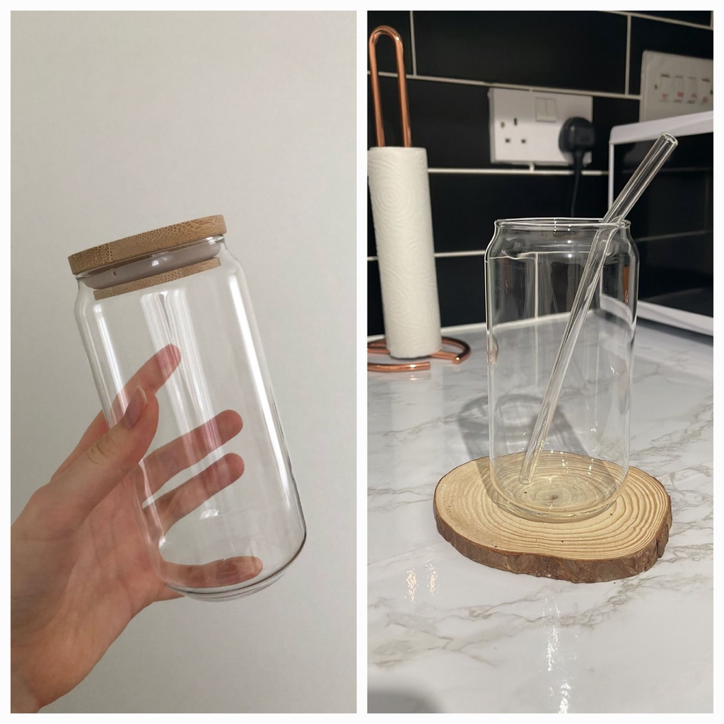 Heat Resistant Borosilicate Glass Can Mug with Bamboo Lid and Straw ...