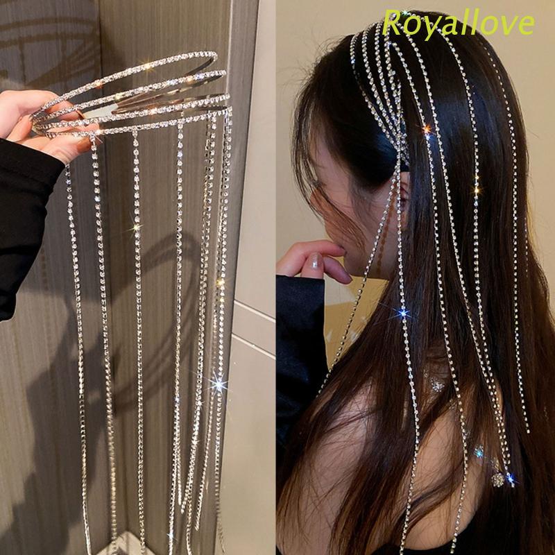 royal Stylish Hair Hoop Long Tassel Hair Chain Shiny Full Rhinestone ...