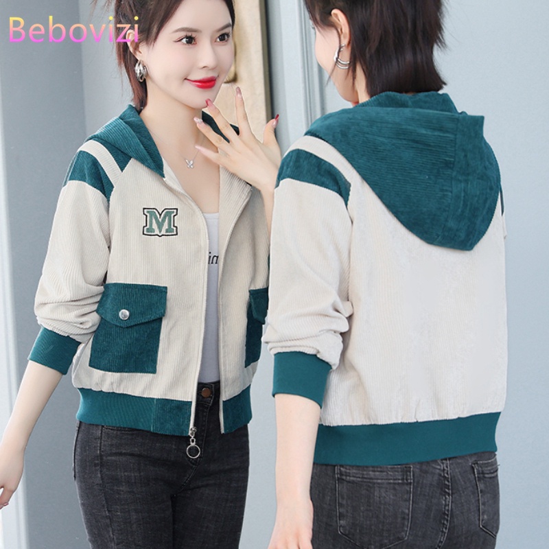 3 Color Autumn New Hooded Coat Corduroy Women's Loose Casual Zipper ...