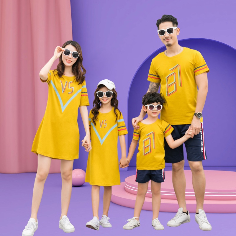 Yellow Striped Printed parents children family set clothes of father ...