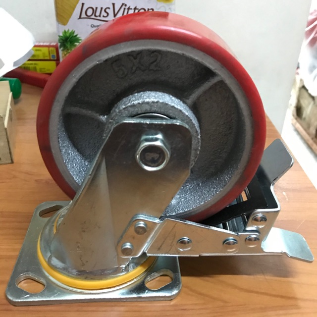 Red PU Polyurethane Iron caster wheel HEAVY DUTY 5x2” (with stopper ...